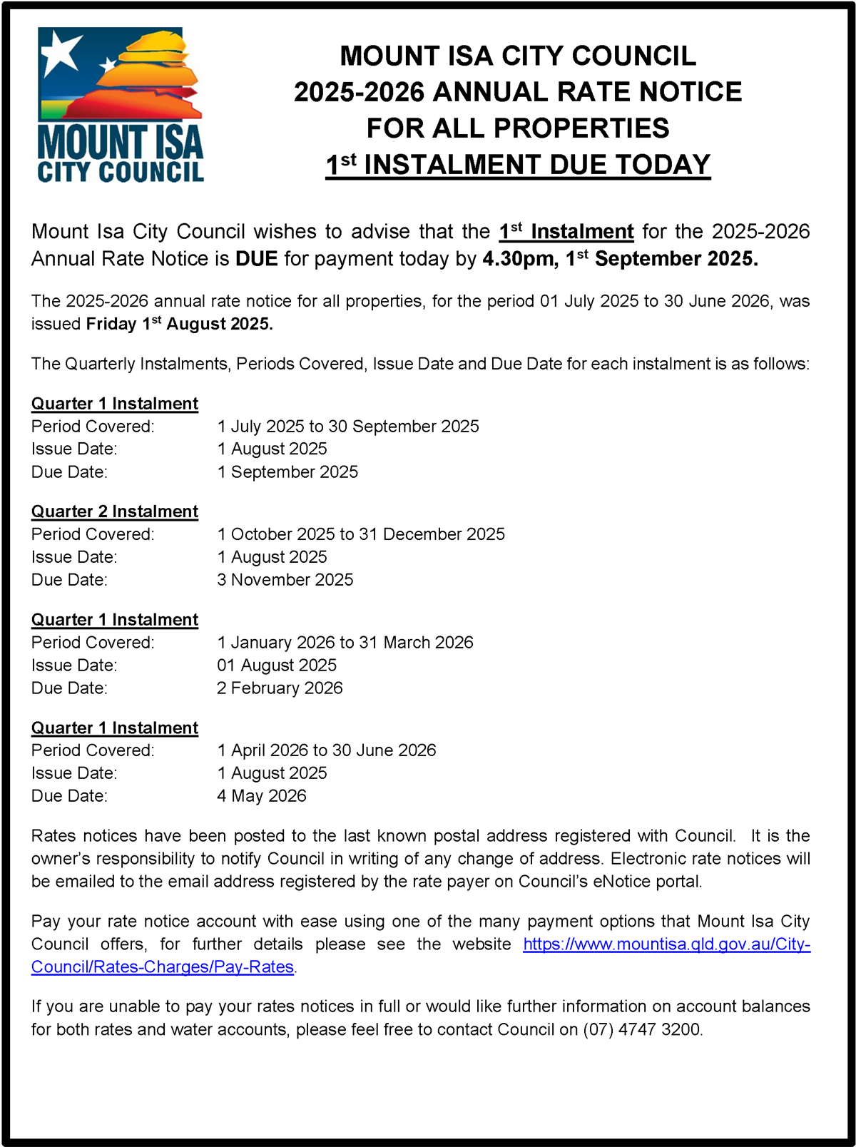2025-26 Annual Rate Notice 1st Instalment Due | Mount Isa City Council
