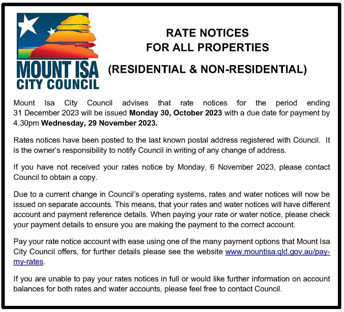 Rates Notices Issued October 2023 | Mount Isa City Council