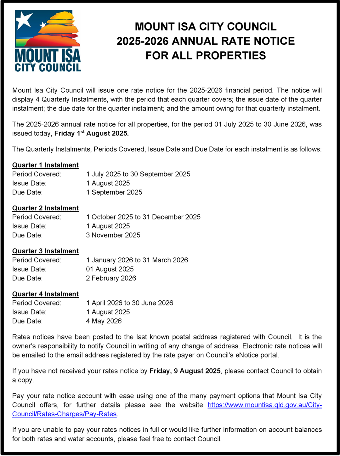 2025-2026 Annual Rate Notice for All Properties Issued | Mount Isa City ...